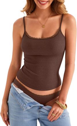 TOMWELL Spaghetti Top Damen Spitze Tank Top Sexy Quadratischer Ausschnitt Shirt A Braun S