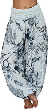 Minetom Femme Harem Pantalon Yoga Sarouel Legers Hippie Baggy Léger Ethnique Calqué Smockée Taille Haute avec Poches Été Plage Pantalon Aladin Jogging C Bleu 