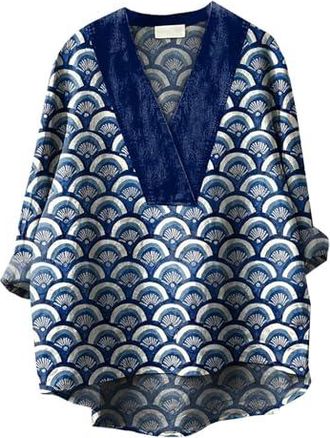 Generic T-shirts dentraînement pour femmes, motif géométrique traditionnel japonais imprimé, chemise décontractée en coton et lin à col en V, chemises habillé