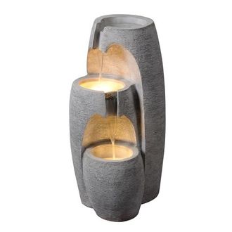 Teamson Home Garten Outdoor Brunnen Moderner 3-stufiger Kaskaden-Urnenbrunnen mit LED-Lichtern, Einstellbarer Fluss, graues Steinoptik-Finish