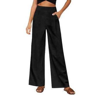 Generic Pantalon noir &eacute;l&eacute;gant pour femme - Jambes larges - Pantalon long en lin - Coupe ample - Pantalon en mousseline - Taille haute - Pantalon de yoga &eacute;l&eacute;ga