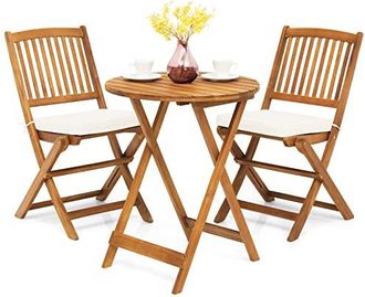 Giantex Salon de Jardin 2 Personnes en Bois dAcacia, Table de Jardin Ext&eacute;rieur avec Chaise Plaintes, 2 Coussins Amovibles, pour Terrasse, Balcon, Bistrot (Bei