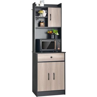 Costway Buffet de Cuisine Meuble Cuisine Rangement avec 3 Portes et 1 Niche de Rangement, Passe-C&acirc;ble 60 x 40 x 180 cm Noir - Costway