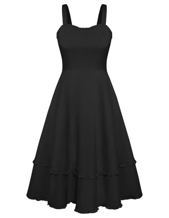 Belle Poque Damen Sommerkleid Boho Lässig Fließendes Spaghetti mit Taschen Strandkleid Schwarz S