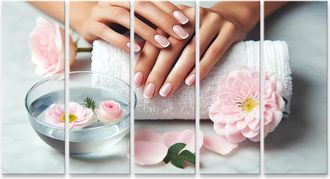 Islandburner Bild auf Leinwand Elegante Hände mit französischer Maniküre und rosa Blumen Spa Nail Nagel Studio Bilder Wandbilder Poster