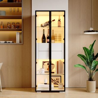 Generic Vitrine 60x40x160 cm Wei&szlig; mit Hart Glast&uuml;r, Soft-Close, 2 Schubladen, LED-Beleuchtung, 2 Glasb&ouml;den, Hochschrank Highboard Sammlervitrine Wohnzimmersch