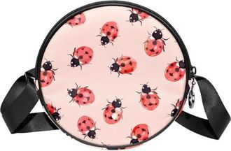 Generic Sac &agrave; bandouli&egrave;re rond pour femme, motif coccinelles, fleurs, petit sac &agrave; bandouli&egrave;re avec fermeture &eacute;clair, bretelles r&eacute;glables, sac &agrave; main rond d&eacute;co