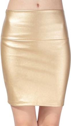 Minetom Femmes Jupe en Similicuir Mini Jupe Sexy Taille Haute Jupe Courte Bodycon Extensible Crayon Moulante Fête Club Jupe A Or M