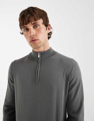 Capo Pullover aus &auml;gyptischer Baumwolle in Anthrazit mit kurzem Rei&szlig;verschluss-Grau