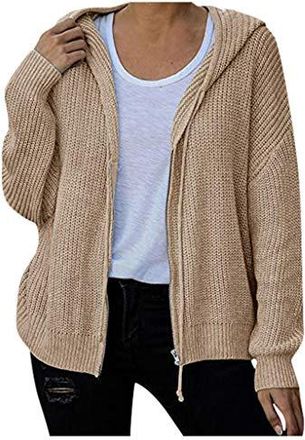 Generic 2026 Vestes en tricot pour femme avec fermeture &eacute;clair, grand cardigan &eacute;pais &agrave; capuche, kaki, XL