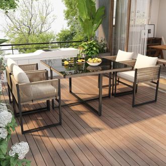 STILVORA Ensemble Table et Chaises de Jardin avec 1 Table et 4 Chaises Empilables, avec Coussins, pour 4 Personnes, Fer et Verre Tremp&eacute;, Beige