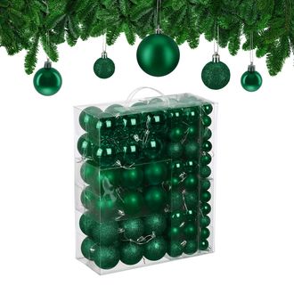 Relaxdays Weihnachtskugeln 138er Set, Kunststoff, glitzernde, Matte, glänzende Baumkugeln, Christbaumschmuck, dunkelgrün
