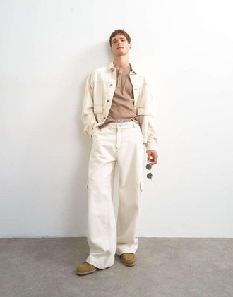 Topman Jean baggy rigide avec poches lat&eacute;rales - Naturel-Blanc