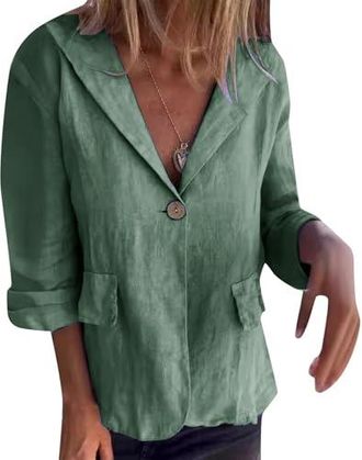Generic Vestes pour femmes 2026 Manteau de costume en lin &agrave; revers crant&eacute; &agrave; un bouton, Vert, XXL