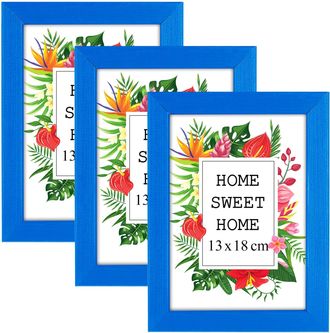 MG Design Set aus 3 Blau Bilderrahmen 13 x 18 cm - Aus echtem Holz mit Acrylglas, zum Aufhängen & Aufstellen, für Fotos, Poster & Puzzle