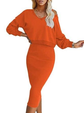 Onsoyours Femme Tricot&eacute;e Robe Set Haut Pull Pull Et Robe Bodycon 2 Pi&egrave;ces Sweat Manches Longues Robe Tricot Robe Pull Robe Midi Automne Hiver A Orange S