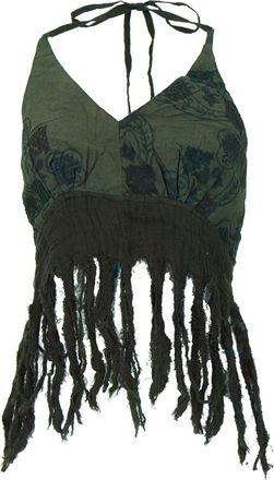 Guru Shop Goa Top, Psytrance, Bandeau Top, Rückenfreies Fransentop - Dunkelgrün, Damen, Baumwolle