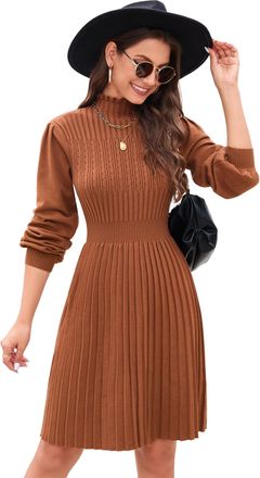 KOJOOIN Strickkleid Damen Elegant Rollkragen Pulloverkleid Langarm Tunika Kleid A Linien Minikleid Rundhals Pullikleid Gelb XXL