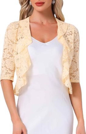 Allegra K Damen Hochzeit Spitze Festlich Bolero f&uuml;r Abendkleid 3/4-&Auml;rmel R&uuml;schen Eleganter Cardigan Aprikose M
