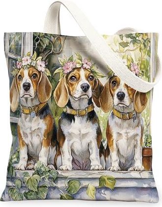 Generic Sac fourre-tout en toile motif beagle printanier 33 x 38,1 cm, sac r&eacute;utilisable &agrave; motif imprim&eacute; de plantes en pot pour femme, animal de compagnie, pei