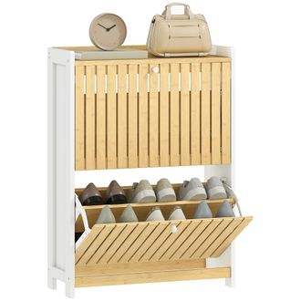 HOMCOM Schmaler Schuhschrank mit 2 T&uuml;ren aus Bambus, mit Leisten f&uuml;r den Eingangsbereich, mit verstellbaren Einlegeb&ouml;den f&uuml;r 12 Paar Schuhe, 60 x 24 x 82,5 c