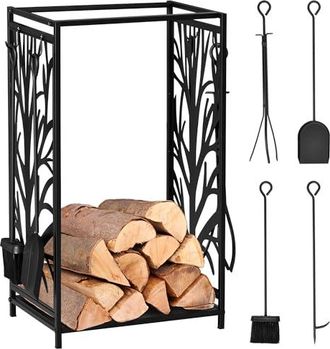HOMCOM Porte bûches - Range bûches Serviteur de cheminée Arbre - Multi Accessoires étagère 46L x 29l x 70H cm Acier Noir