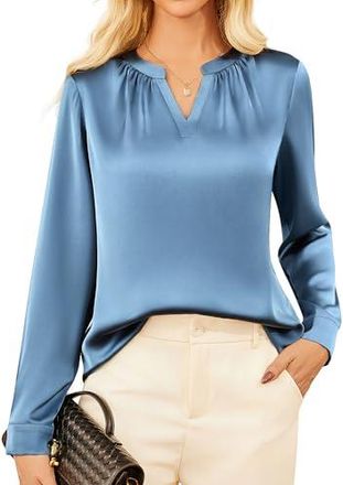 Grace Karin Haut à manches longues pour femme Henley col en V semi-formel Chemisier de travail élégant en acétate, gris/bleu, XXL