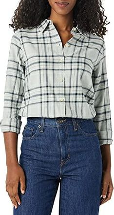 Amazon Essentials Chemise légère en Flanelle à Carreaux à Manches Longues de Coupe Classique pour Femme, Motif Carreau Noir/Gris, Taille XXL