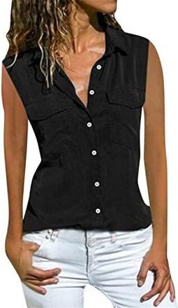 Generic Chemise sans manches pour femme - Chemise boutonn&eacute;e de couleur unie - D&eacute;bardeur confortable - D&eacute;bardeurs d&eacute;contract&eacute;s &agrave; col &agrave; revers avec poches - Che