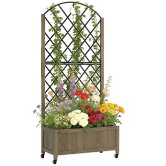 OUTSUNNY Jardini&egrave;re avec treillis - Outsunny - treillis en acier - roulettes verrouillables - bois - finition carbonis&eacute;e