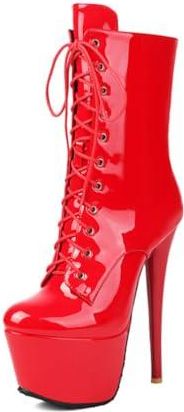 Generic Bottines De Cheville À Plateforme Audacieuses Femme Lacets Talons Aiguilles Cuir Brillant Vibrantes Fêtes Clubs Soirées,Red Patent Leather,44 EU