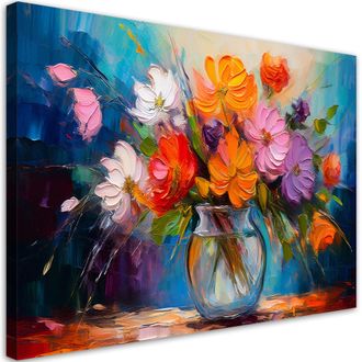 Feeby Leinwandbild - Bilder Wohnzimmer - Gemaltes Blumenbouquet in Vase - 60x40 cm 1tlg - Deko Schlafzimmer - Wanddekoration - Aesthetic - Gro&szlig; Moderne Bild