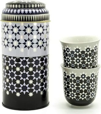 Images d'Orient Geschenkset 2 in 1 Metalldosen mit 2 x 90ml Porcalain Espressotassen Espressobecher Moccatassen mit schwarz-weißem Muster Kaokab
