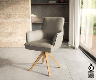 DELIFE Drehstuhl Heira-Flex mit Armlehnen Echt-Leder Schlamm Holzgestell kantig Natur 180&deg; drehbar Taschenfederkern, Esszimmerst&uuml;hle