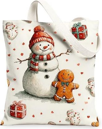 Generic Sac fourre-tout en toile motif bonhomme de neige, joli motif vacances dhiver, sacs de courses r&eacute;utilisables, amusants, festifs, l&eacute;gers et lavables en 
