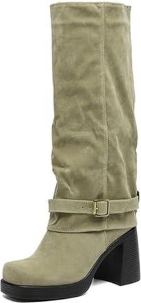 Generic Bottes de moto pliables et molles pour femme, sangle à boucle, talons hauts, bout carré, à enfiler, kaki, 34 EU