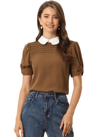 Allegra K Damen Bubikragen Kontrast Puff&auml;rmel Kurzarm Casual Elegant Bluse Top Dunkel Braun M