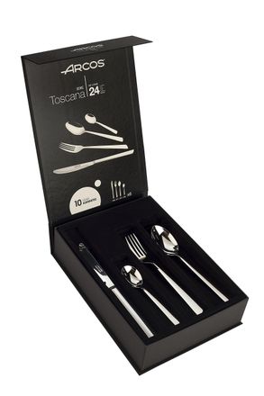 Arcos Besteckset 24-teilig f&uuml;r Tisch - Komplettes Besteck f&uuml;r 6 Personen, Set aus 6 L&ouml;ffeln, 6 Messern, 6 Gabeln und 6 Dessertl&ouml;ffeln - Silber, Serie Toscan