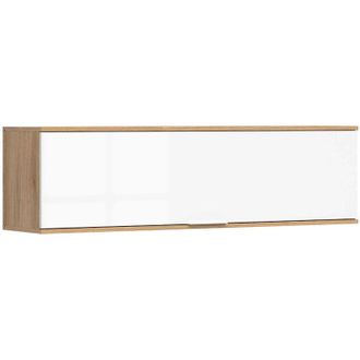 PEGANE Etag&egrave;re meuble murale &agrave; charni&egrave;res, coloris Ch&ecirc;ne wotan/Blanc brillant - Longueur 135 x Profondeur 31 x Hauteur 37 cm