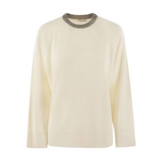 Brunello Cucinelli Gerippter Rundhalspullover mit Schmuckkragen - - Knitwear - Damen - Wei&szlig; - M