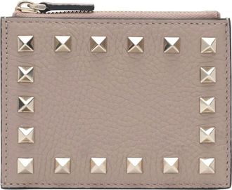 Valentino Garavani Femme, Accessoires, Rose, Taille: ONE Size Porte-cartes zipp&eacute; Rockstud en cuir de veau grain&eacute;
