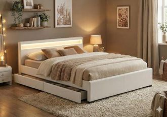 Concept Usine | Lit Double Enfield 160 x 200 cm en Simili Blanc | Design Moderne avec LED Multi-Couleurs et Rangements Int&eacute;gr&eacute;s | T&ecirc;te de Lit Lumineuse avec T&eacute;l&eacute;com