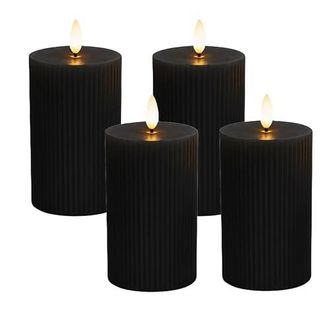 Relaxdays LED Kerzen, 4er Set, HxD: 13 x 7,5 cm, flackernde Flamme, Echtwachs, Rillen, flammenlose Blockkerzen, schwarz