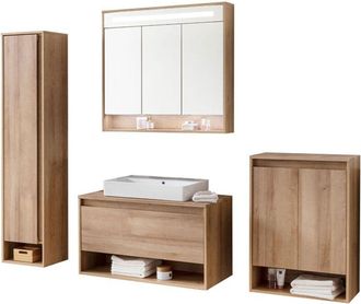Fackelmann natura Badm&ouml;bel Set 5-teilig, 94 cm, Braun hell+Spiegelschrank+Midischrank+Hochschrank-90341145