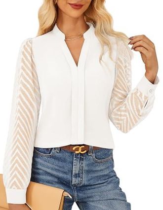 Grace Karin Chemisier &eacute;l&eacute;gant pour femme &agrave; manches textur&eacute;es semi-transparentes, chemise de bureau/travail, haut classique &agrave; col Henry en V, blanc, M