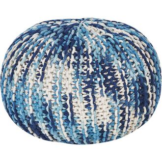 Beliani Pouf Blanc et Bleu en Coton 50 x 35 cm Moelleux pour Chambre ou Salon Rond Boho Conrad