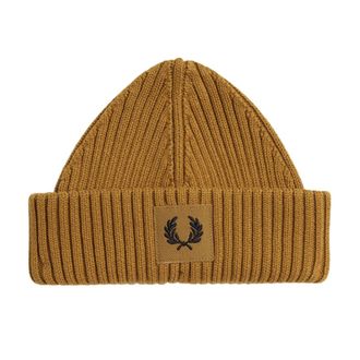 Fred Perry Branded Patch Dark Caramel Ribbed Beanie