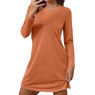 Generic Chemise de nuit midi &agrave; manches longues UK - Chemises de nuit en coton pour femme - Robe de nuit grande taille &agrave; manches longues - Col rond - Chemises 