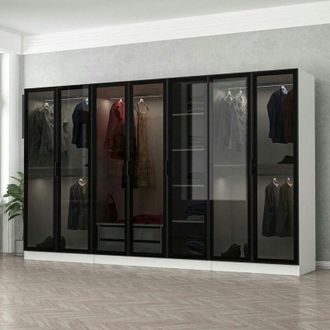 Pier Import Pier Import - Dressing XXL 5 penderies 315 cm - Blanc m&eacute;lamin&eacute; - Portes en verre noir - &Eacute;paisseur 18 mm - Poids support&eacute; 30 kg par &eacute;tag&egrave;re