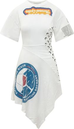 Marine Serre Femme, Robes, Blanc, Taille: 40 FR Robe asym&eacute;trique longueur genou en jersey